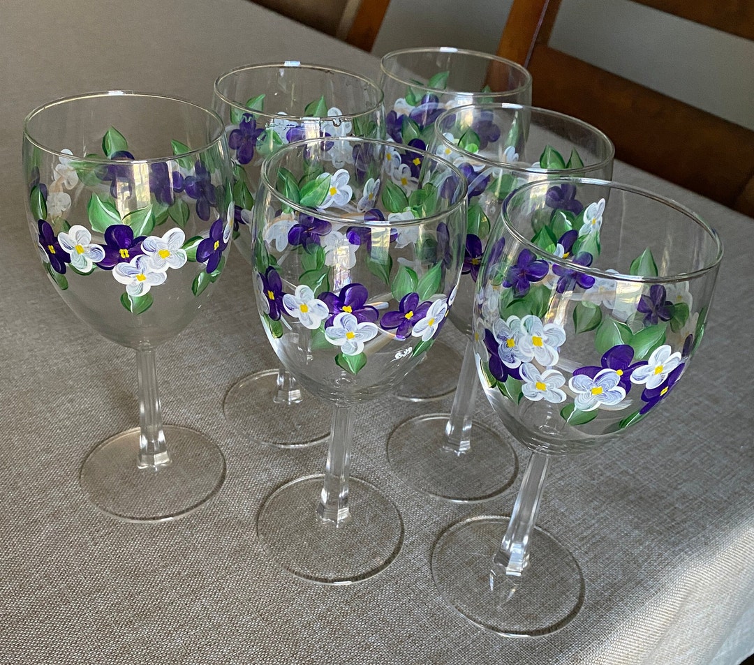 Set of 6 Hand-painted Blue-violet and White Pansies Flowers Wine ...
