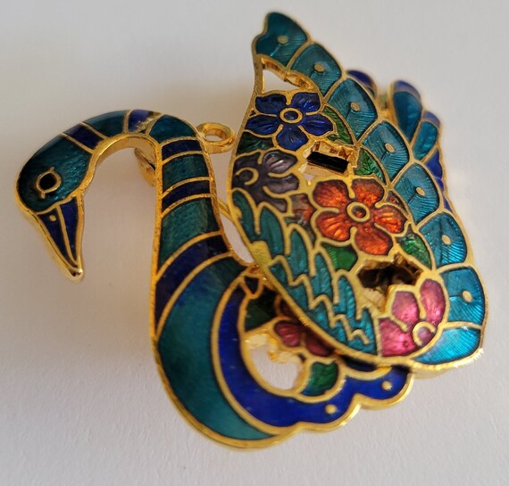 Vintage Colorful Cloisonne Swan Enamel Brooch/Pin - Gem