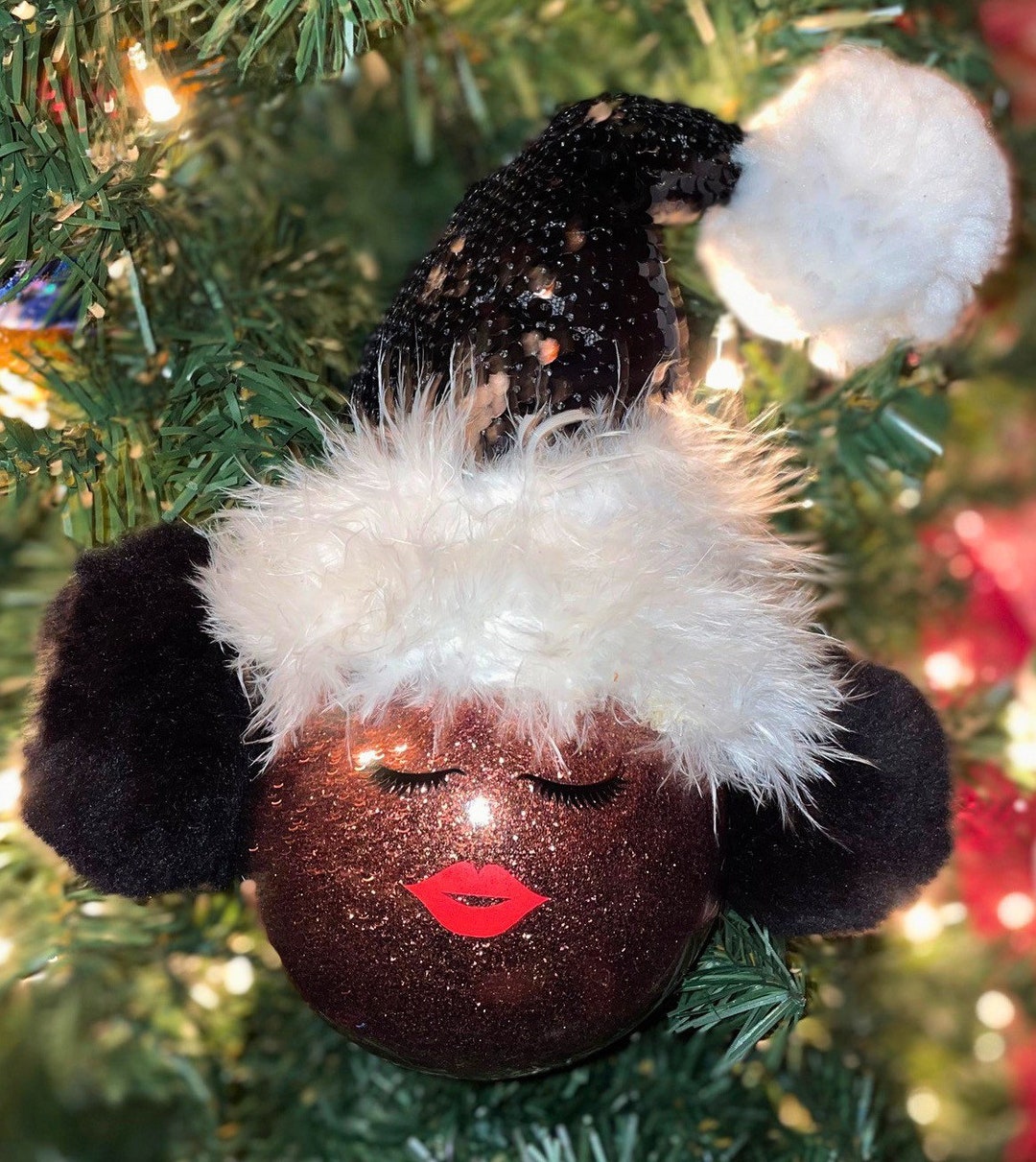Black Woman Afro Puff W/ Sequin Santa Hat Ornament, African American ...