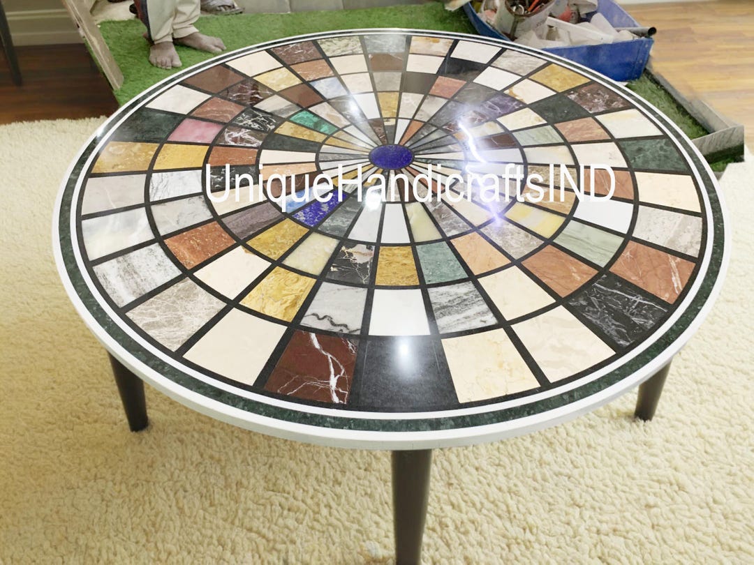 Round Marble Center Mosaic Table Top Semi Precious Stones Handicraft ...
