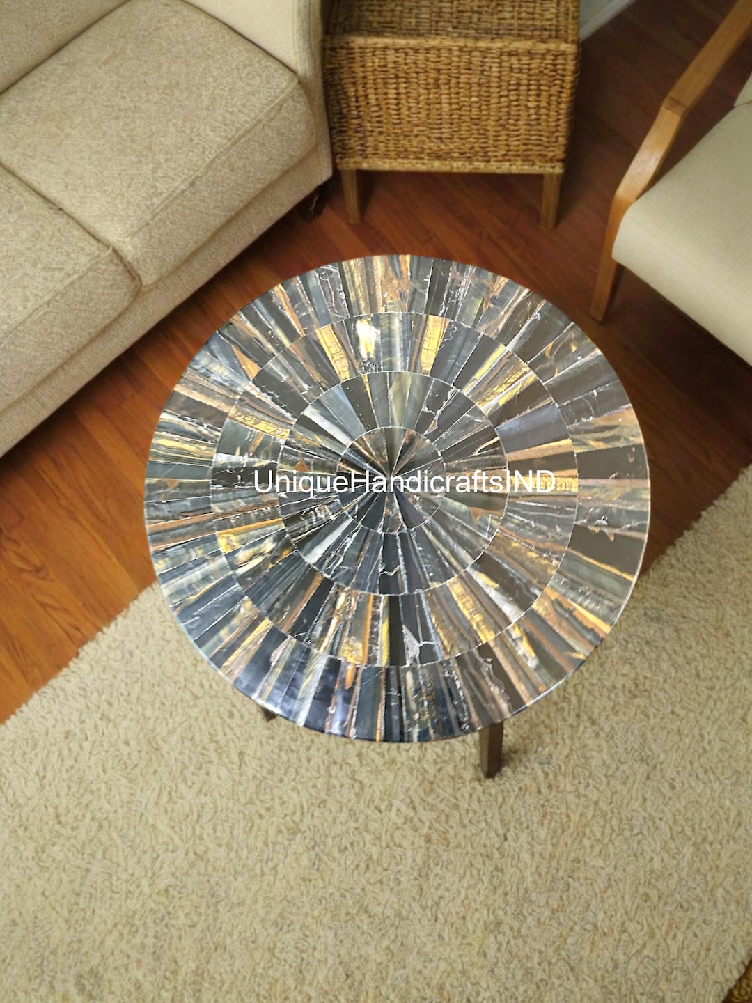 Blue Tiger Eye Stone Table Top - Handmade Mosaic Art, Gemstone Side ...