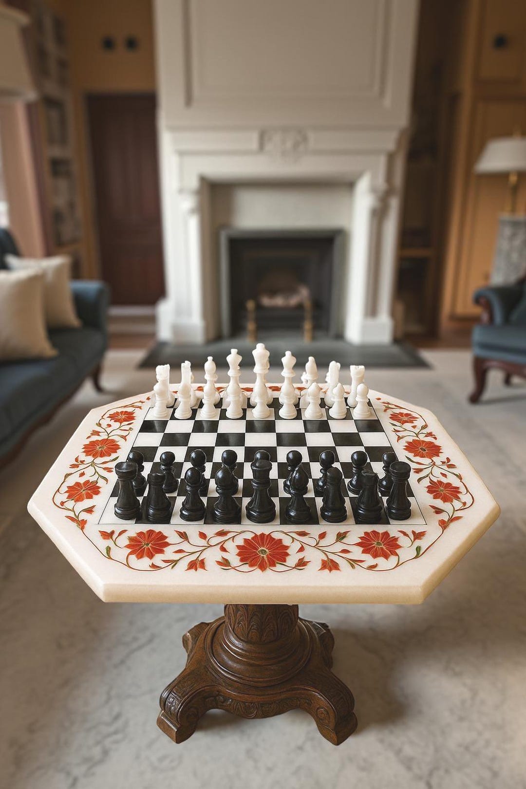 Marble Chess Set Game Table With Pieces – Carnelian Inlay Art ...