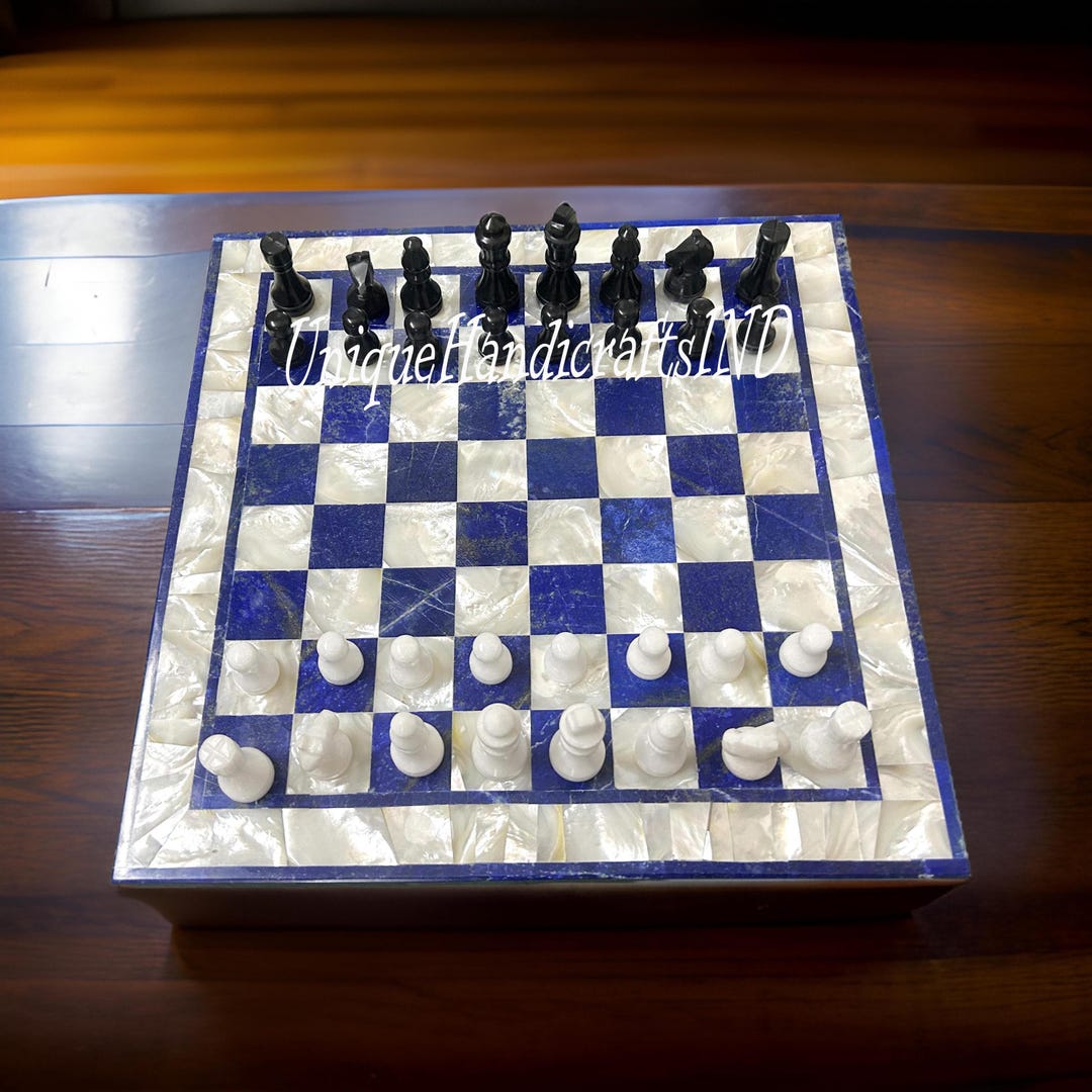 Lapis Lazuli & Mother of Pearl Chess Set - Handmade Stone Chess Board ...