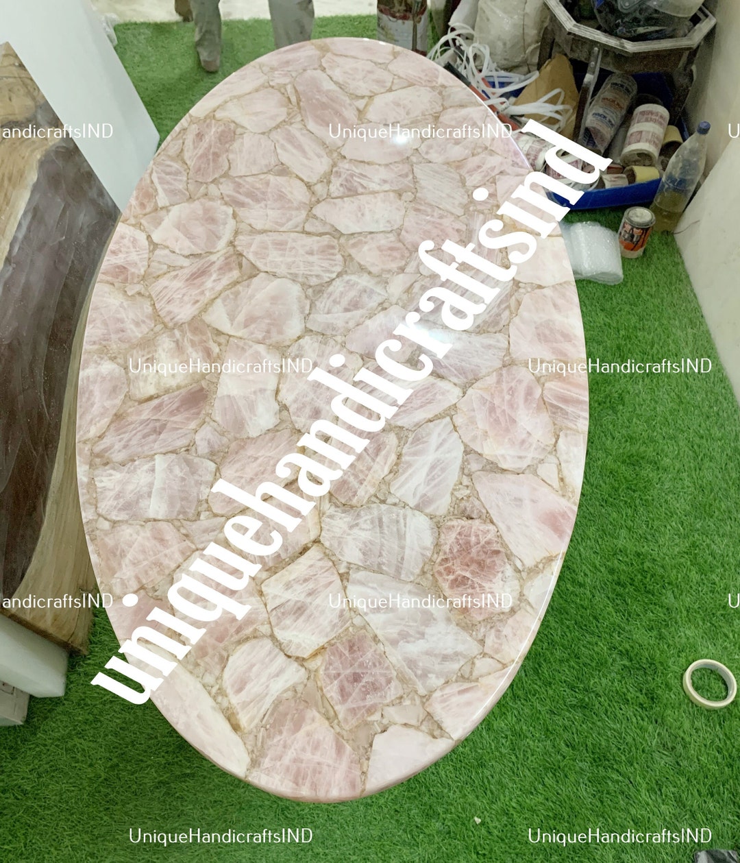Oval Coffee Table / Rose Quartz Stone Slab Counter Top Random Farm ...