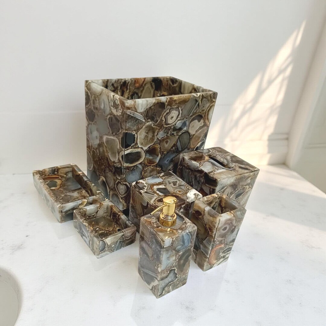 Agate Bathroom Set – Gemstone Art Accessories – Handmade Stone Decor ...