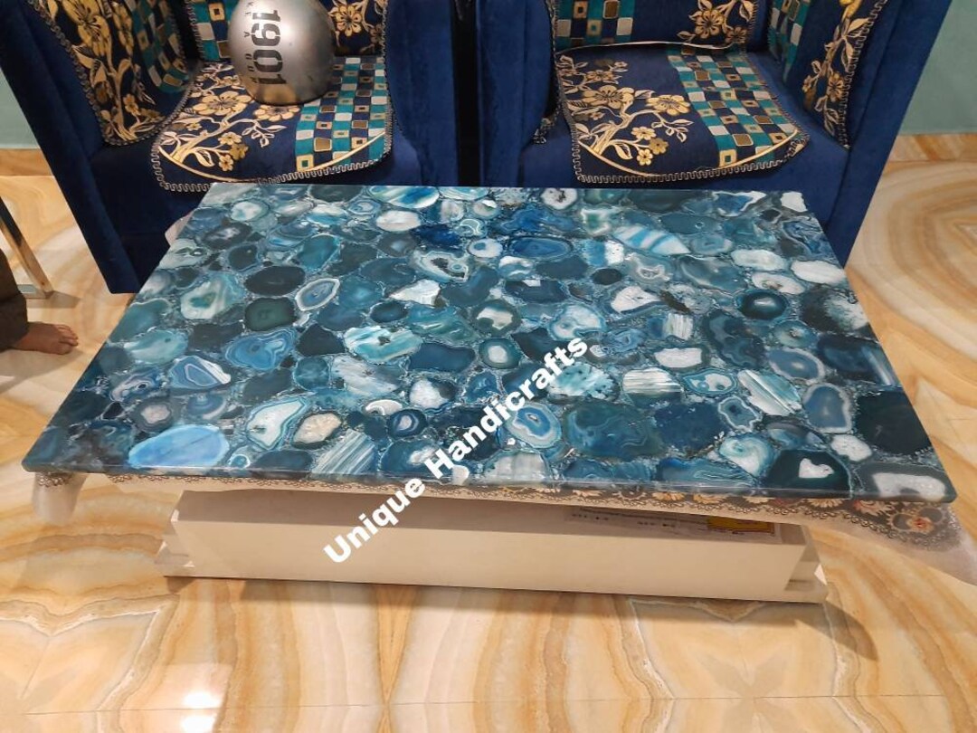 Dining Table, Blue Agate Table Top, Agate Console Table, Natural Agate Stone Dining Table, Agate ...