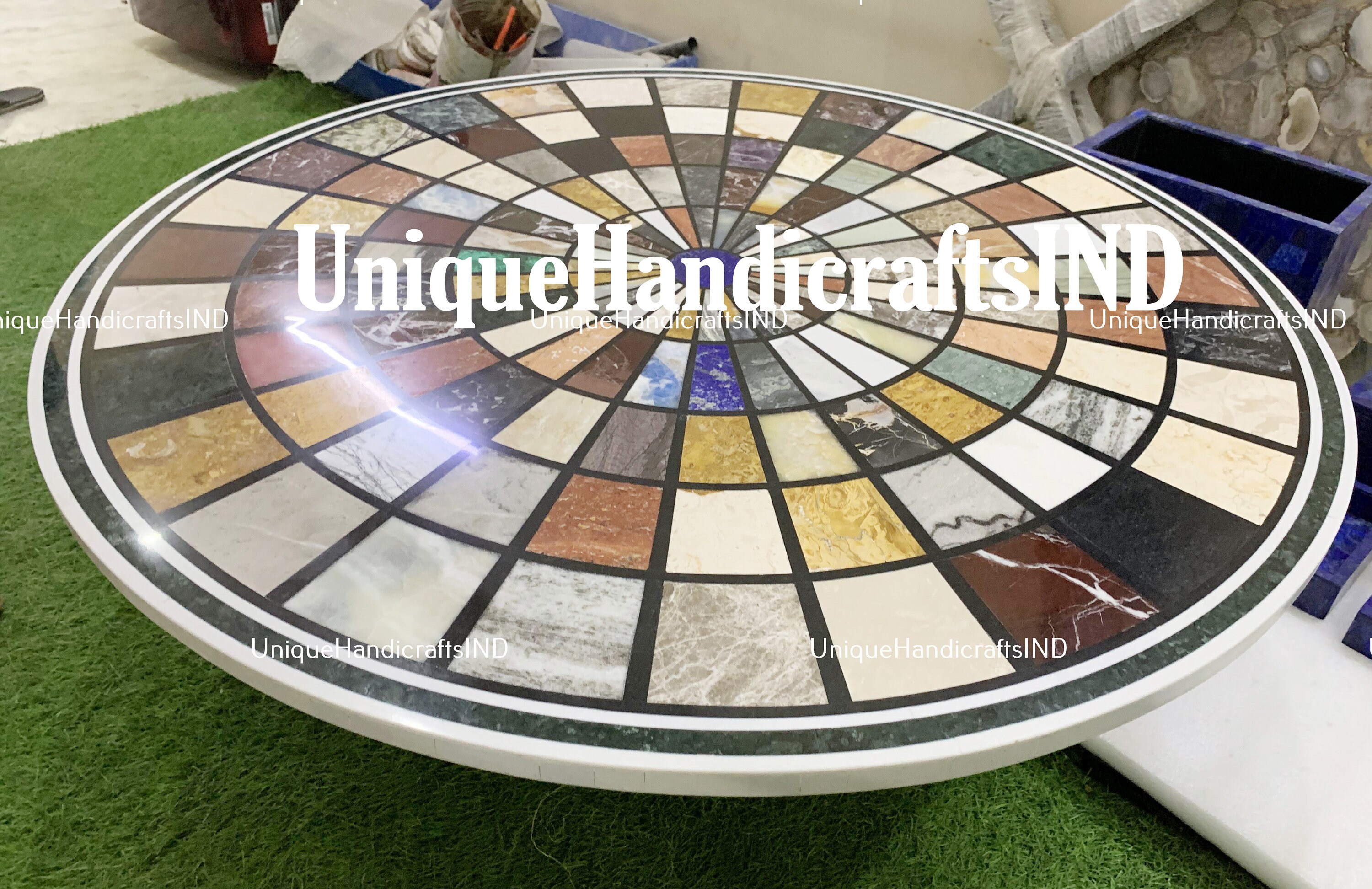 Round Marble Center Mosaic Table Top Semi Precious Stones Handicraft ...