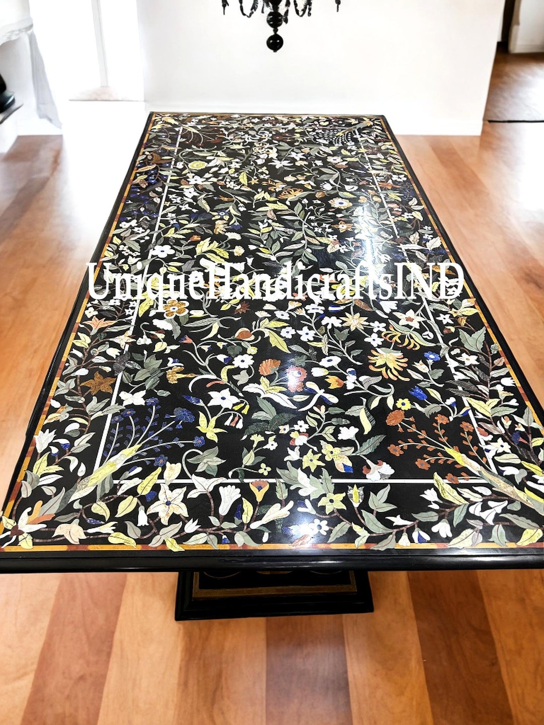 Black Marble Inlay Dining Table With Pedestal ,semi Precious Stone ...