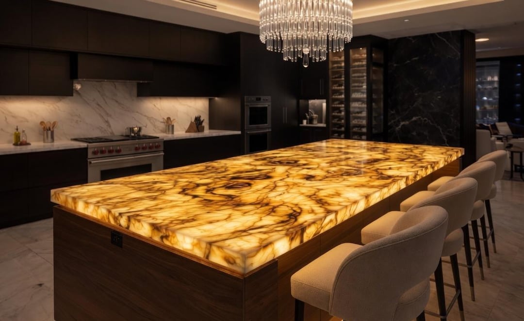 Backlit Tiger Onyx Countertop – Brown Veined Translucent Stone Slab ...