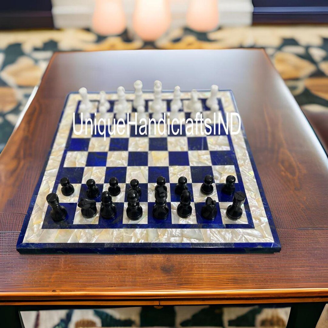 Lapis Lazuli Inlay Chess Set: Handmade Marble Board With Chess Pieces ...