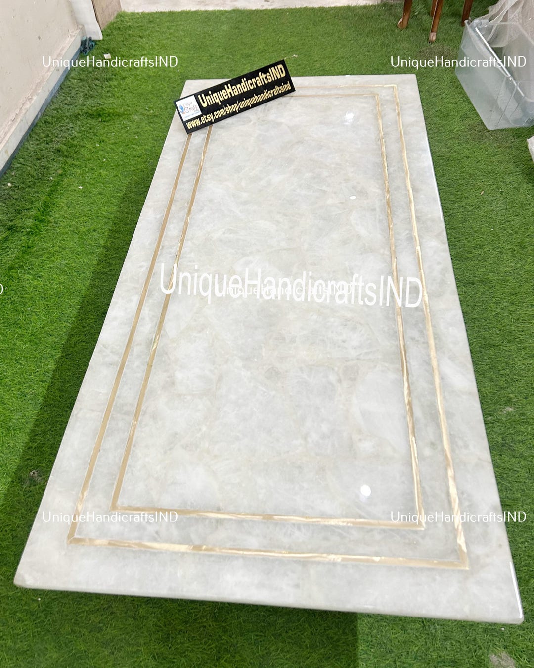 Custom Handmade Quartz Table Top: Stone Kitchen Island With Brass ...