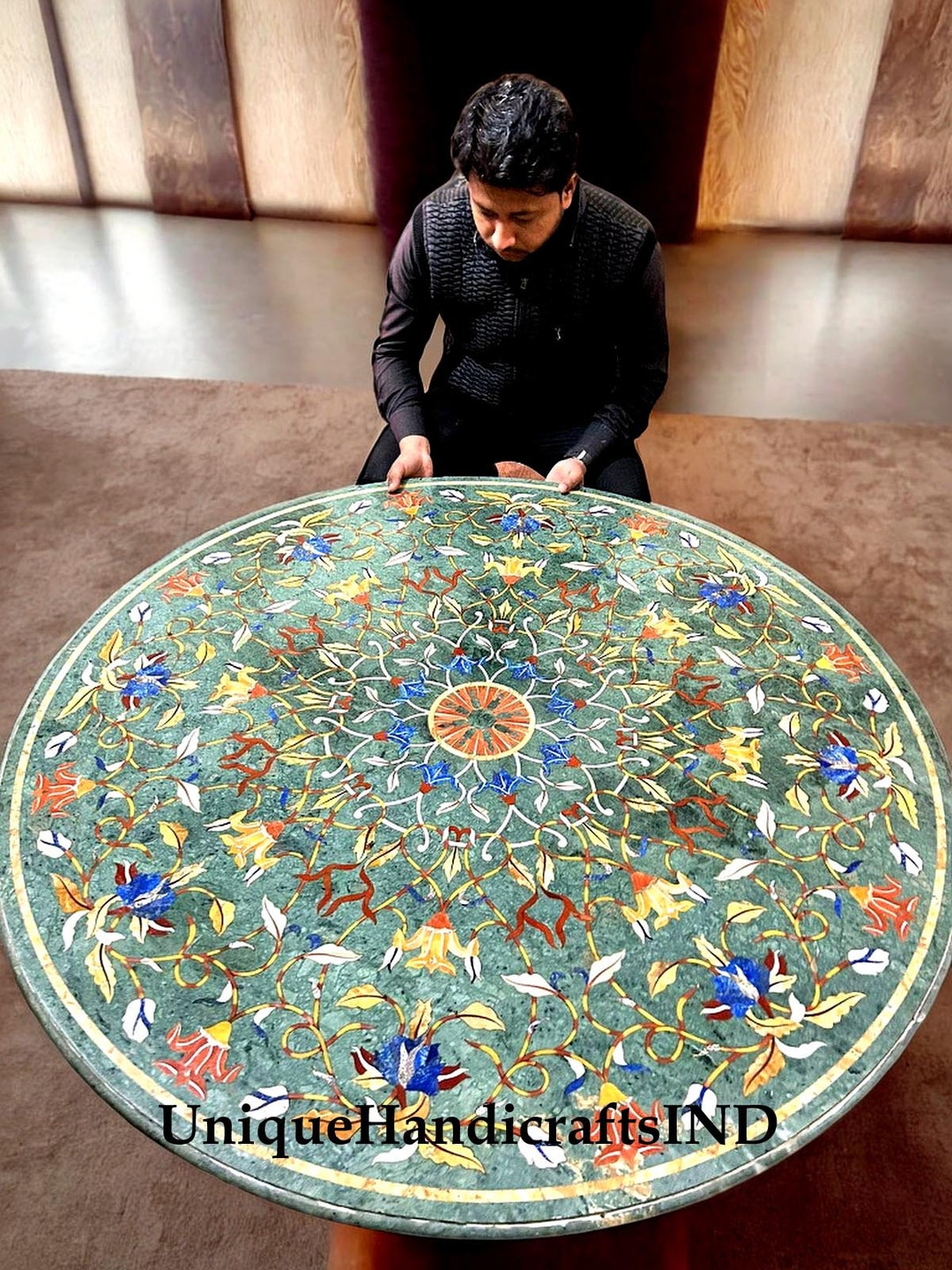 Green Marble Round Center Table Top Lapis Lazuli Floral Fine Semi ...