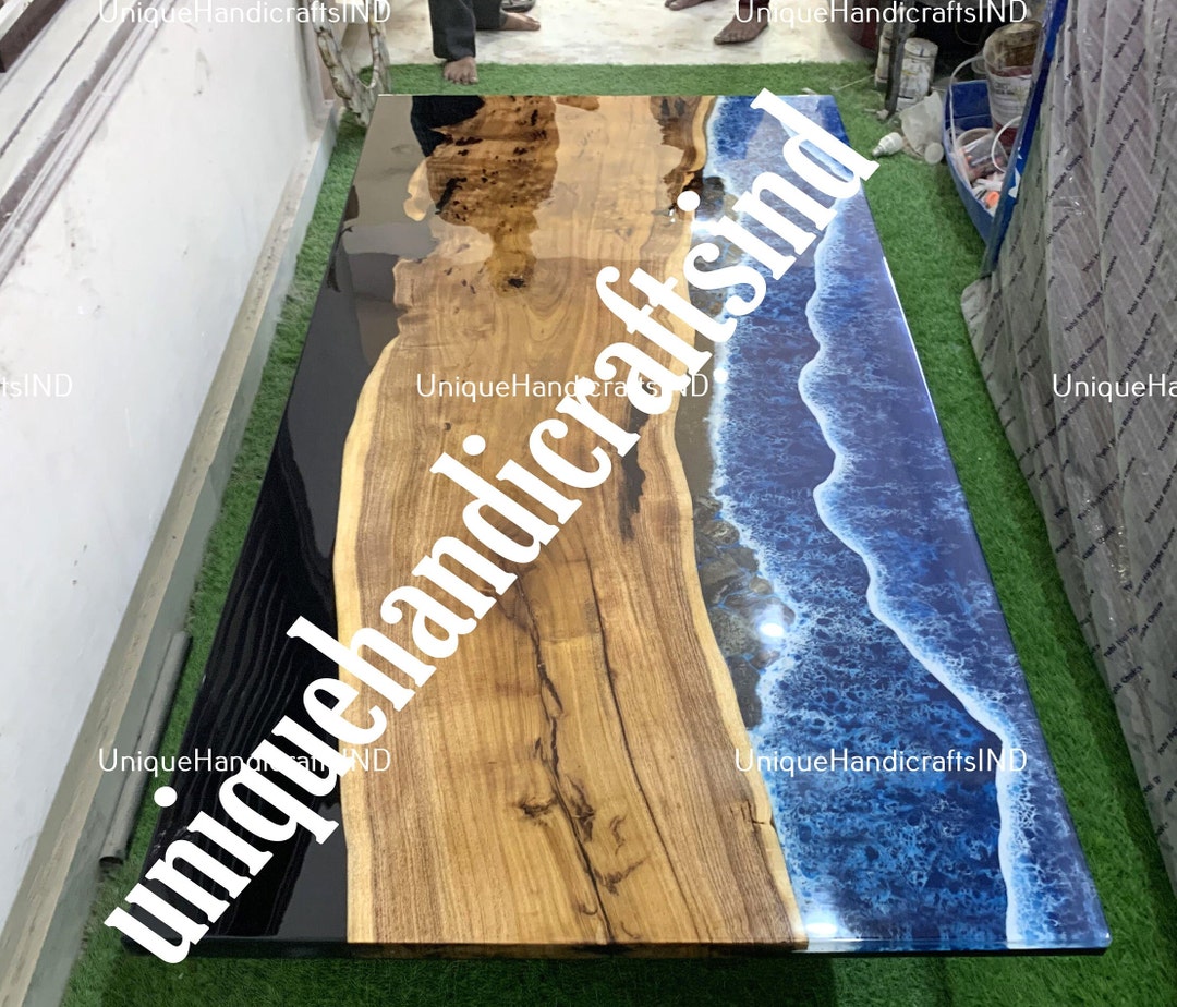 Custom Epoxy Resin River Ocean Wave Resin Coffee Table Wood Plank ...