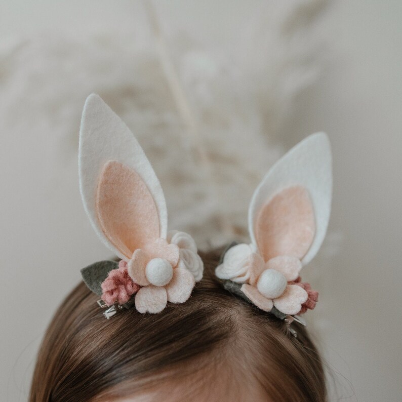 Neutral Floral Bunny Ear Clips Blush Bunny Ears Easter Hair Etsy