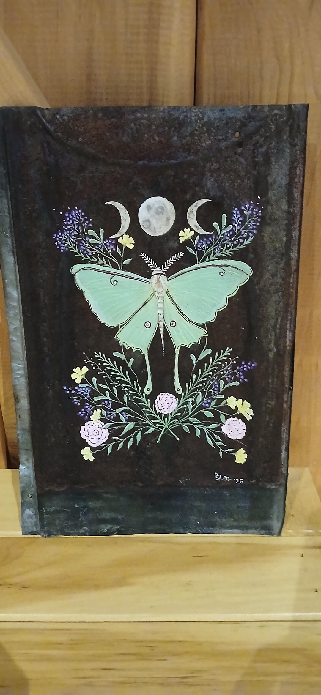 Luna Moth, Moon Phases Artwork on Antique Tin Shingle Reclaimed From ...