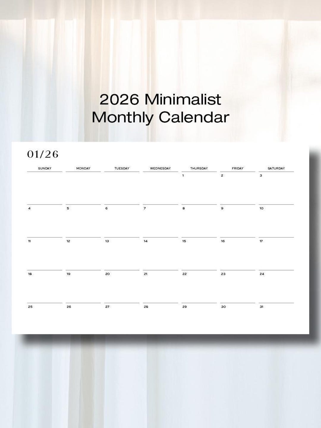 2026 Printable Calendar | Minimalist Monthly | Simple Clean Planner ...