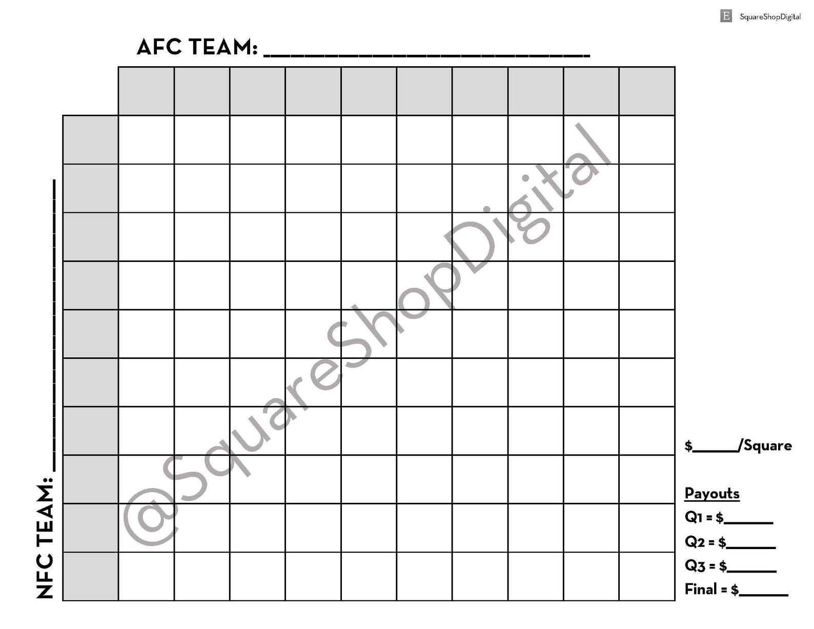 Printable Super Bowl Squares Game With Payouts Instant Download Etsy