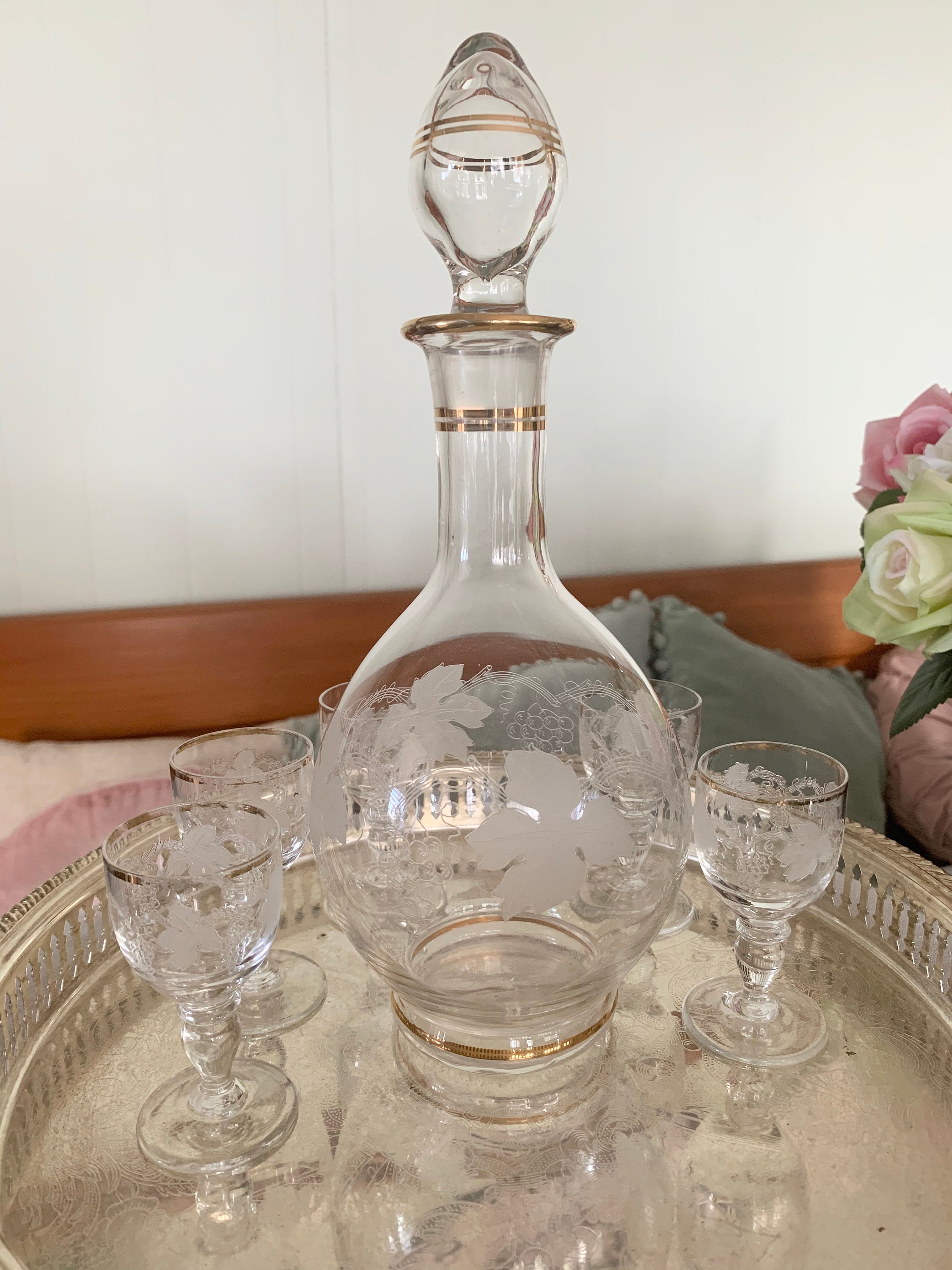 Gorgeous Grapevine Etched Decanter and Glasses Mid Century | Etsy
