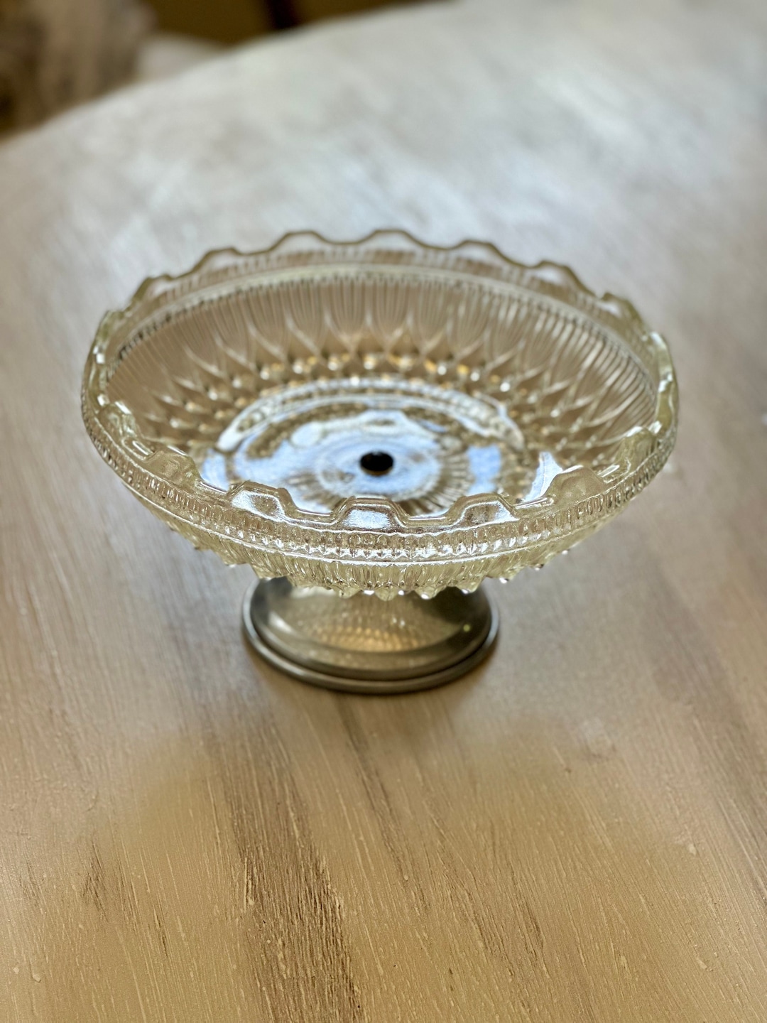 Vintage Pressed Glass Cake Stand With Aluminium Base Lovely Comport ...