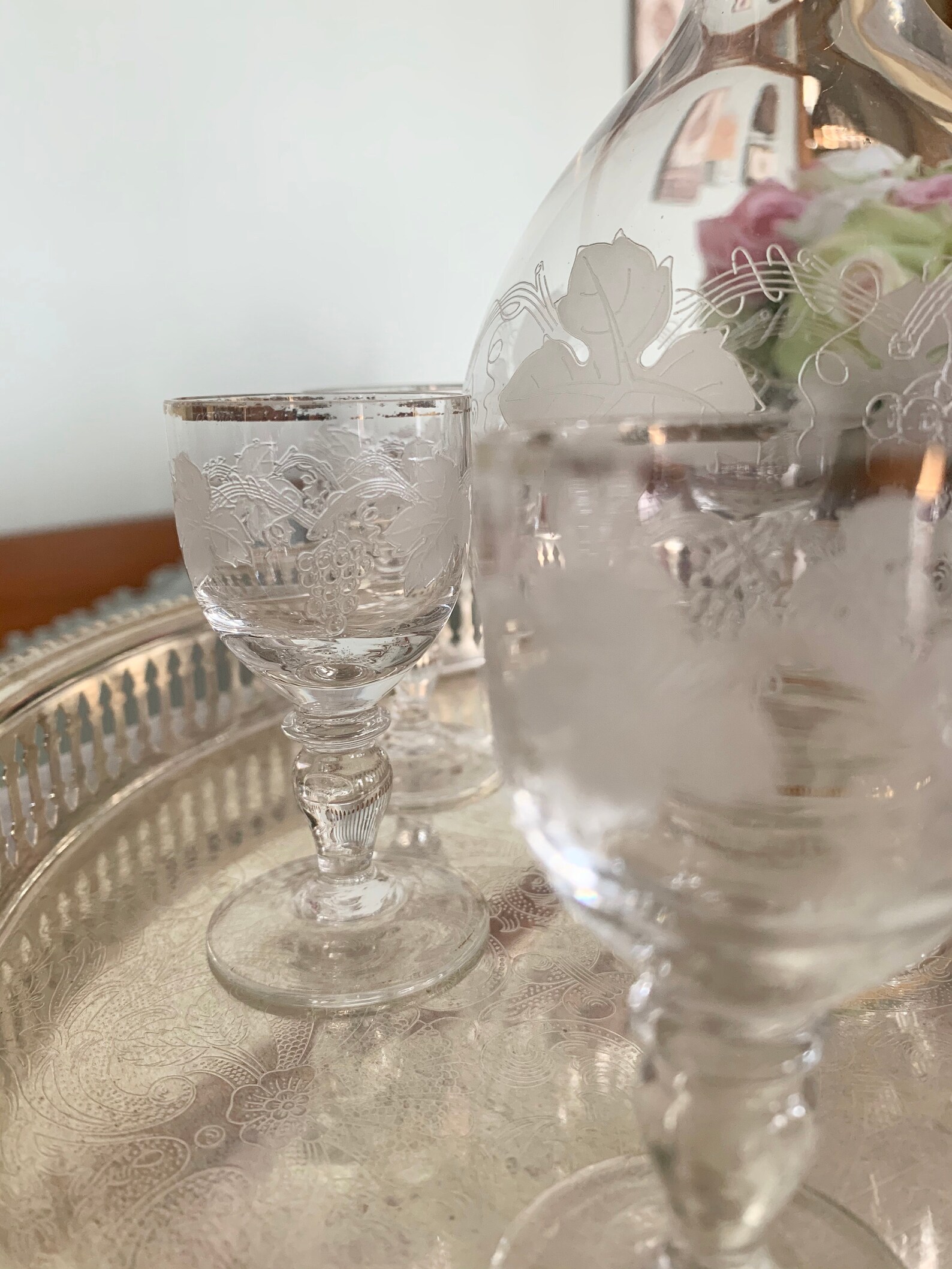 Gorgeous Grapevine Etched Decanter and Glasses mid Century | Etsy