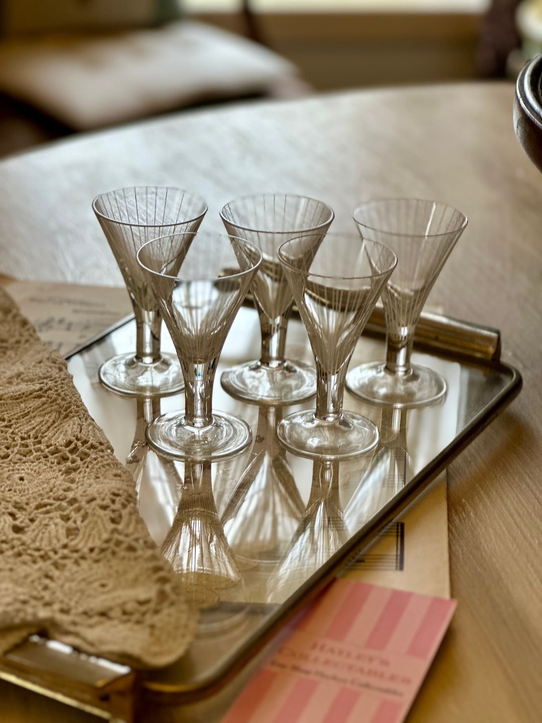 Set of 5 Etched Lined Crystal Glasses Vintage Barware Collectable ...