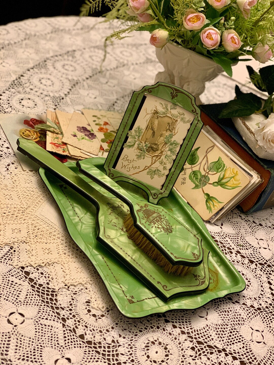 Vintage Vanity Set 1940's Green Xylonite Four Piece Dressing Table Set ...