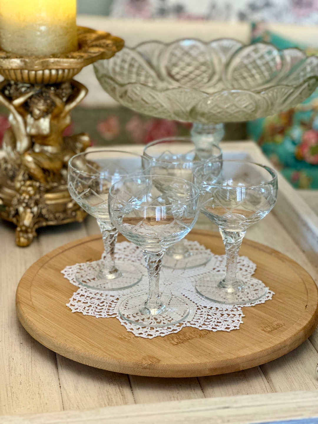 Twisted Stemmed - Georgian Cut - Coupe Wine Glasses - Vintage Crystal ...