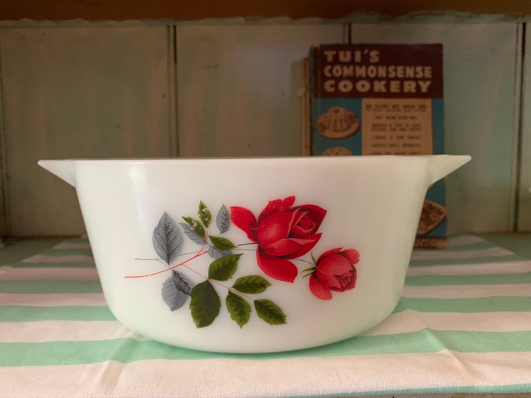 June Rose by JAJ Pyrex Large Round Deep Casserole Pyrex Dish Vintage Pyrex Jaj Pyrex Red Rose ...