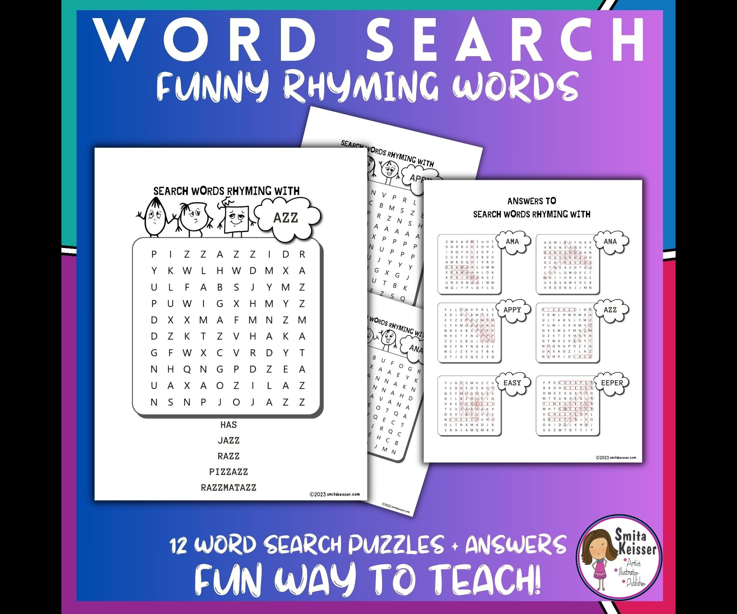 Word Search With Vowels Rhyming Words Funny Printable With Answer Keys ...