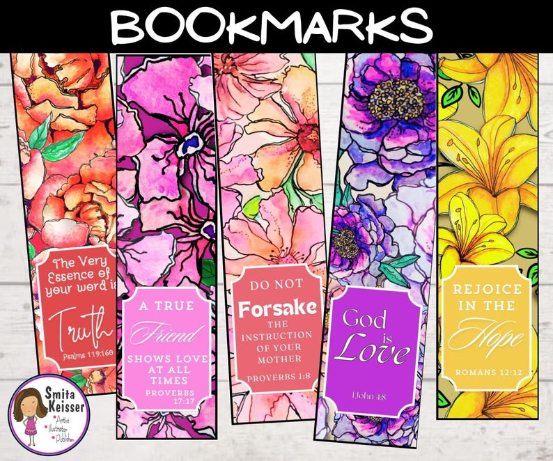 Printable Bible Bookmarks Watercolor Florals Reading Scriptures Verses ...