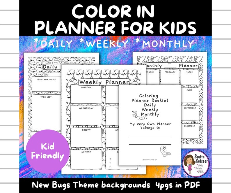 Printable Planner for Kids, Coloring Pages, Undated, Organizer, Bug ...