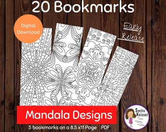 4 Hand Drawn Mandala Bookmarks to Color, Printable PDF Instant Download ...