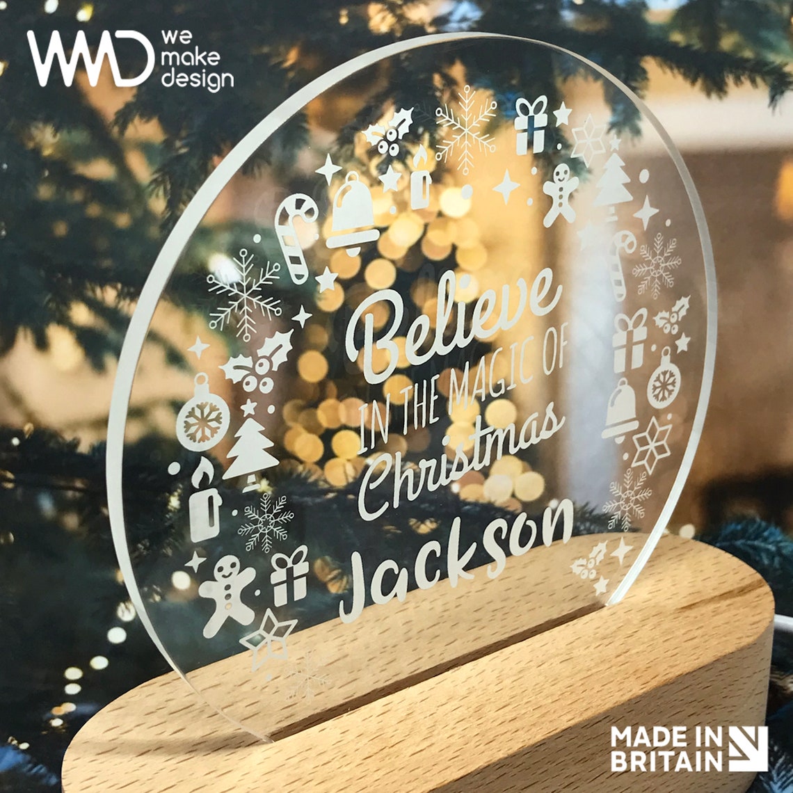 Personalised Led Lamp With Wooden Base - Etsy