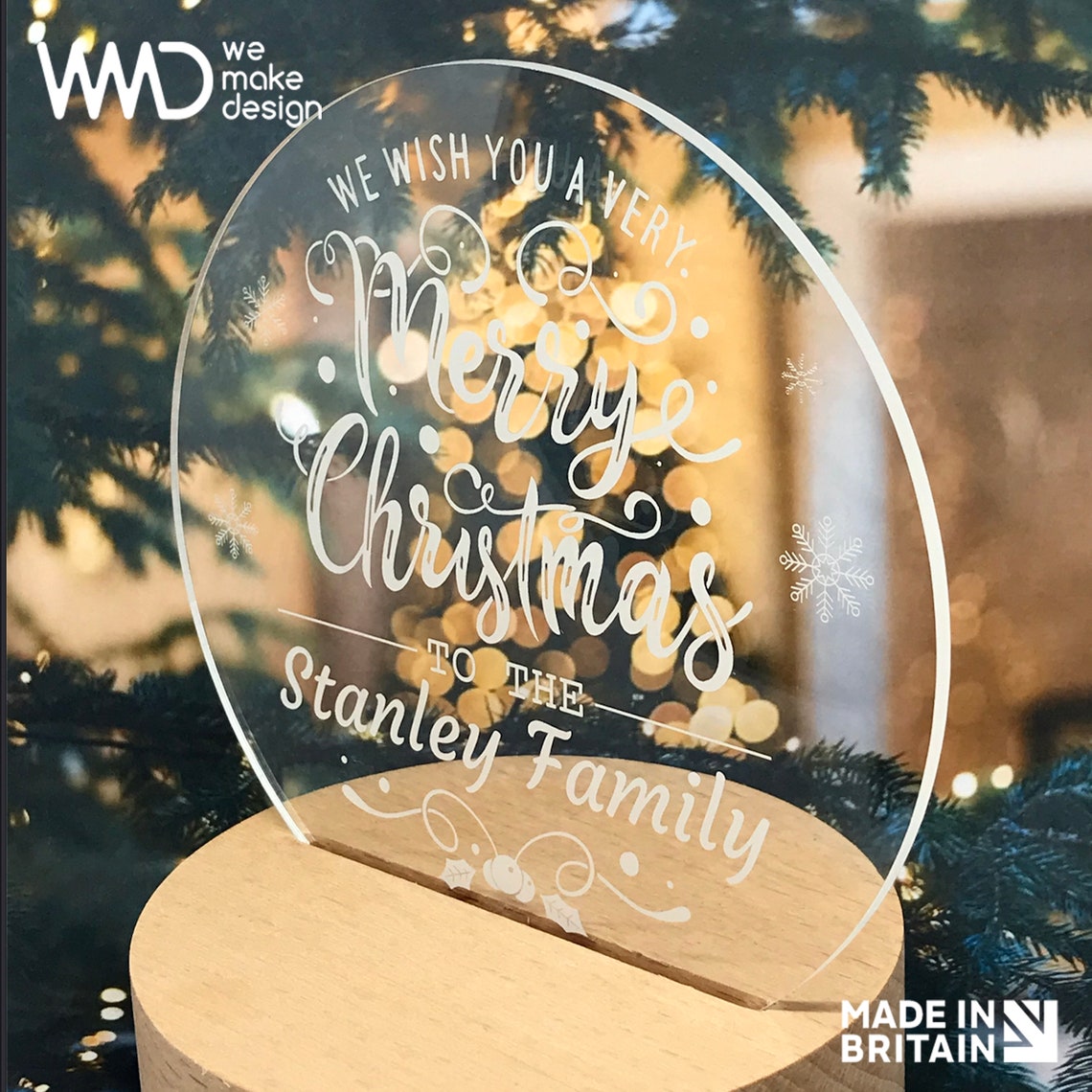 Personalised Led Lamp With Wooden Base - Etsy