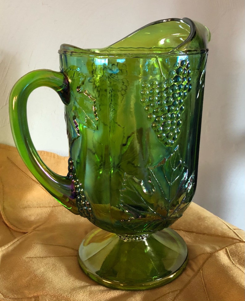 Indiana Glass, Carnival Glass, Green, Footed, Ice Lip Pitcher in the ...
