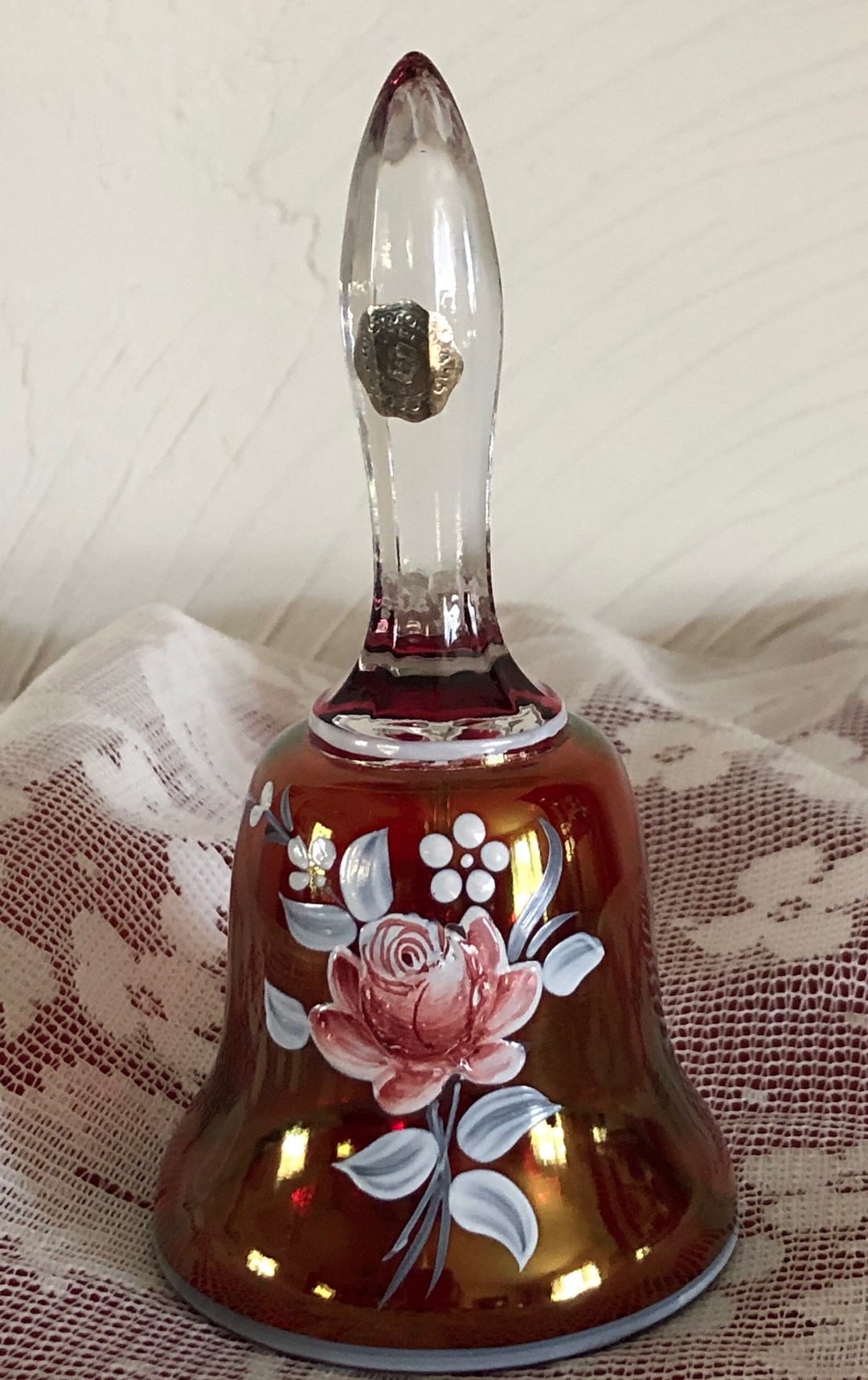 Westmoreland, Ruby Red, Glass Bell, Hand Painted With a Rose With White ...