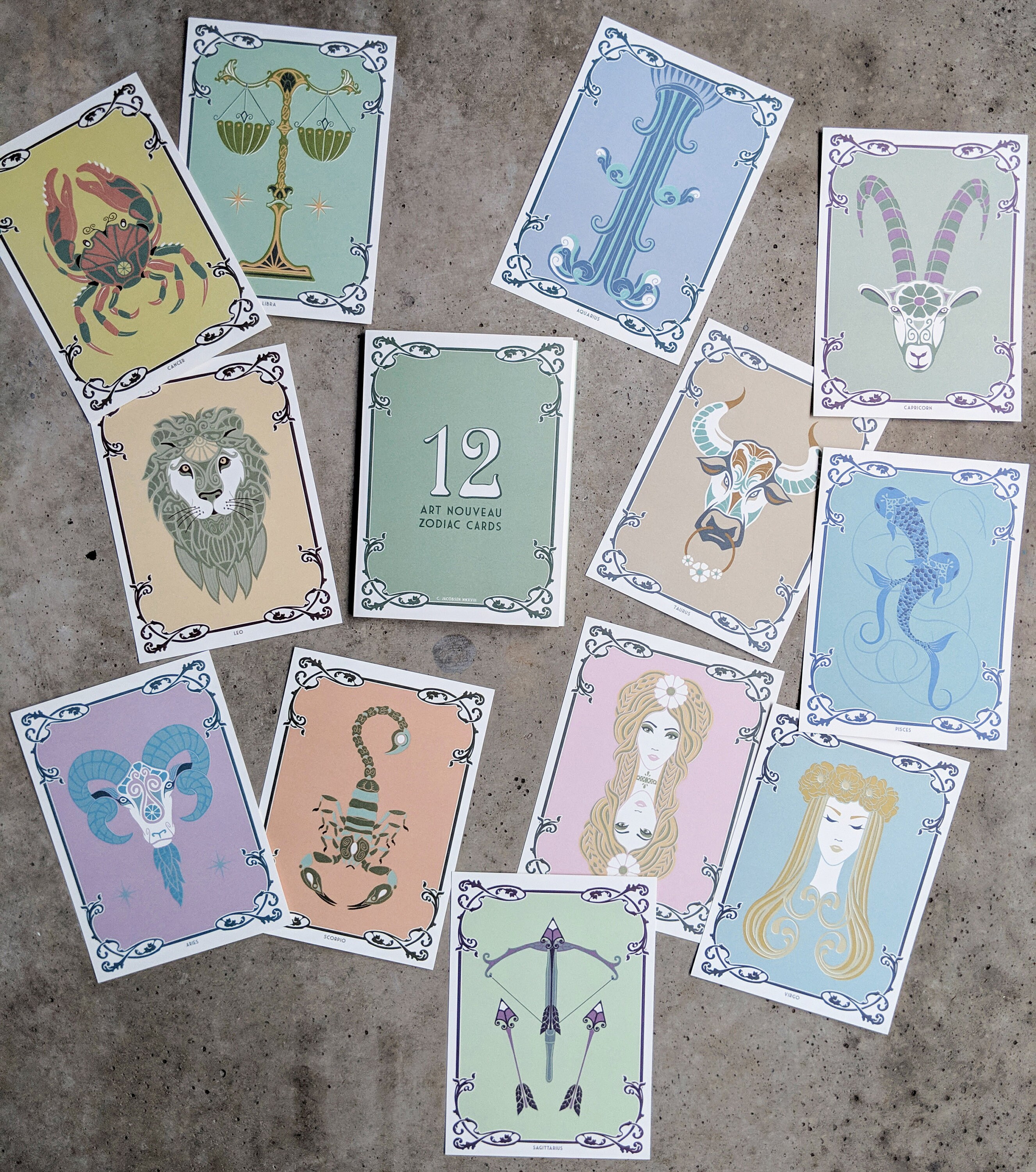 Set of 12 Unique ZODIAC Sign Cards. Danish Design for Personal ...