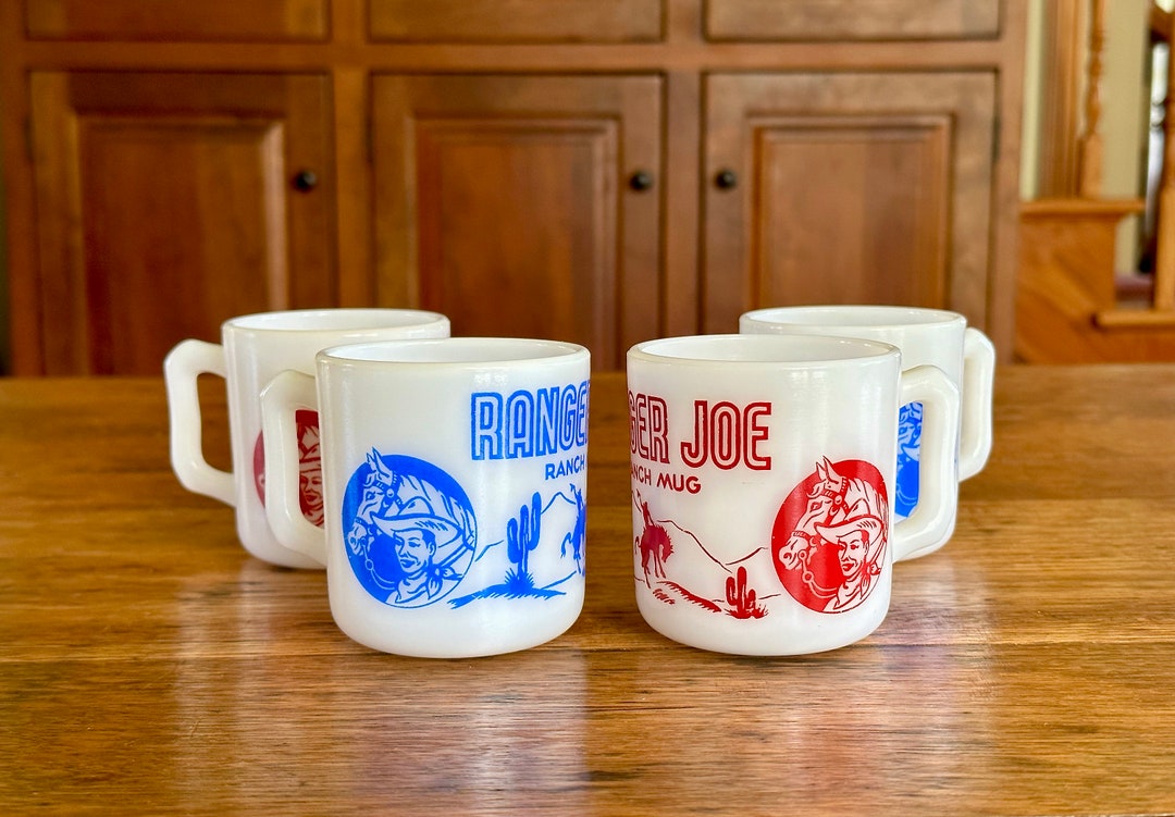 Vintage Set of 4 Ranger Joe Ranch Mugs Hazel Atlas Milk Glass ...