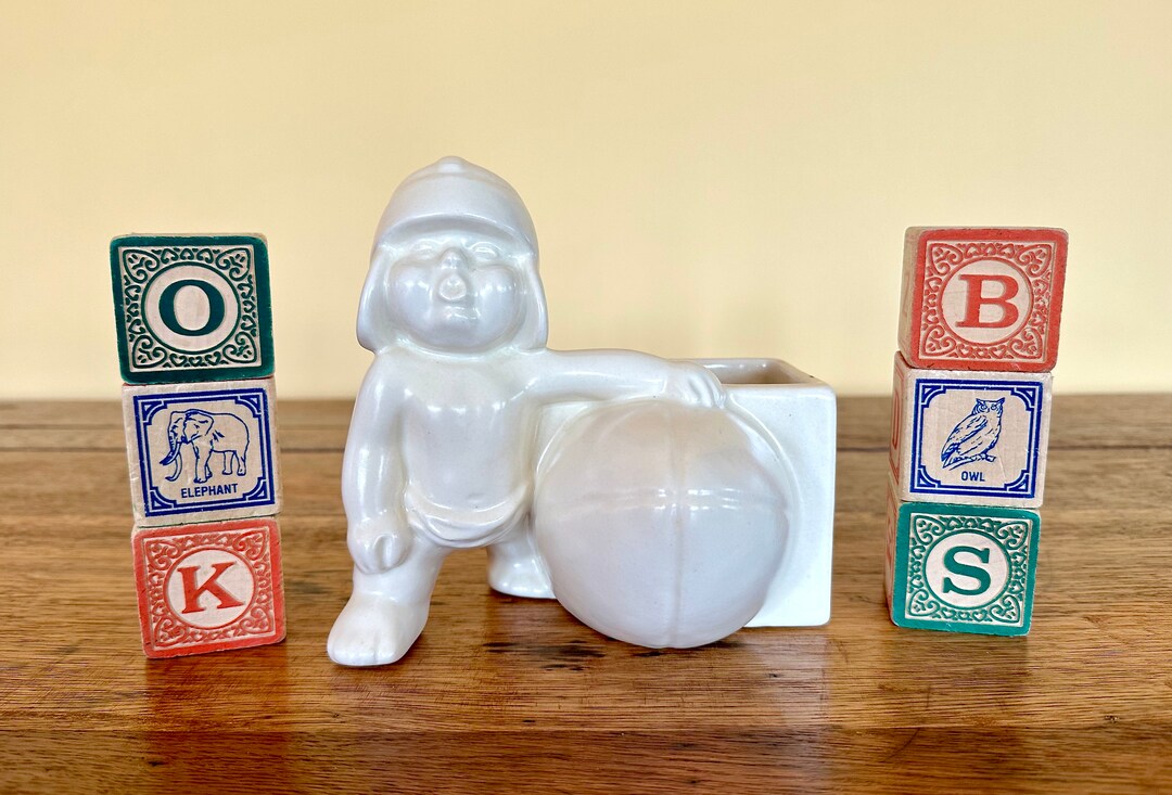 Vintage Haeger Pottery White Ceramic Planter Baby Boy Playing Football ...