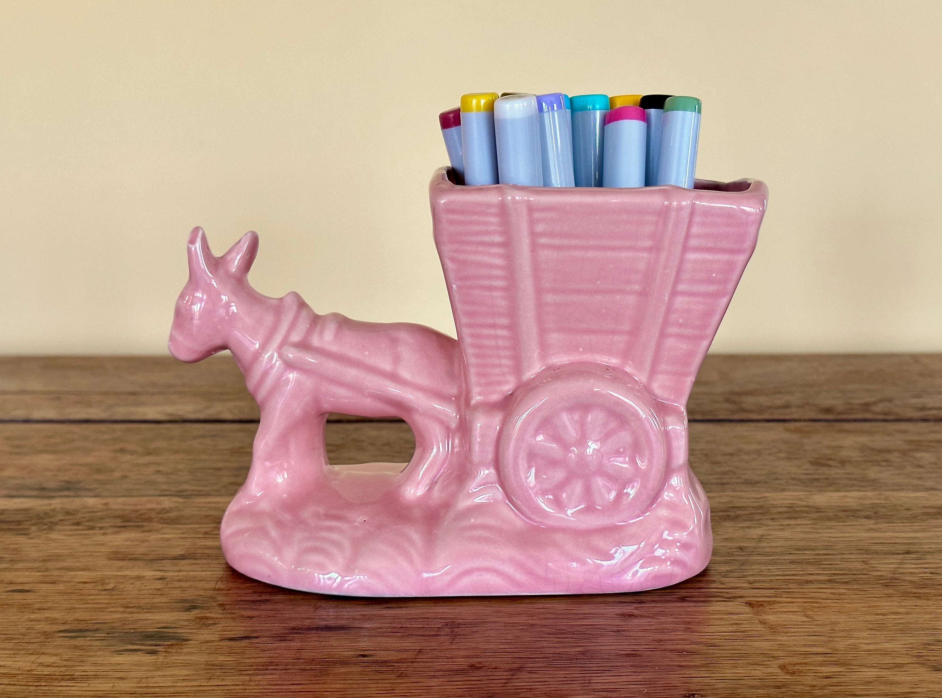 Vintage Pink Ceramic Donkey Mule Pulling Cart Planter Vintage Pink ...