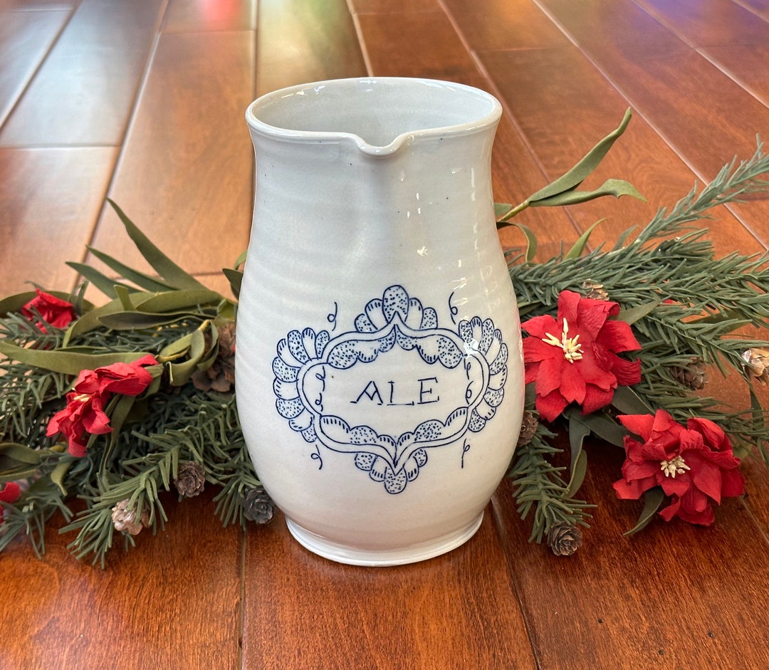 Vintage Jamestown Pottery Ale Pitcher Gray Stoneware With Blue Folk Art ...