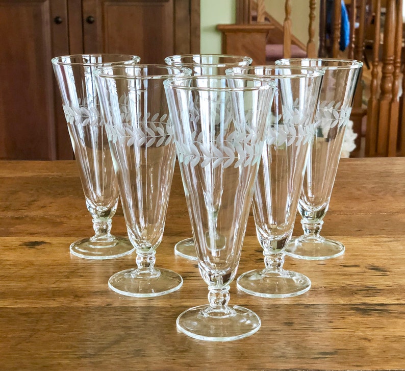Vintage Footed Etched Pilsner Beer Glasses Set of 6 Vintage Flute Beer ...