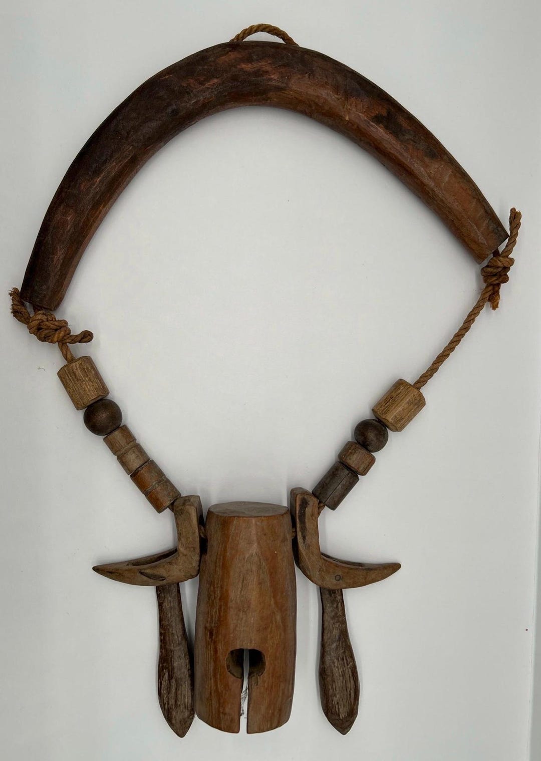 Vtg Folk Art Wooden Buffalo Bell Hand Carved Cow Goat Double Clackers ...