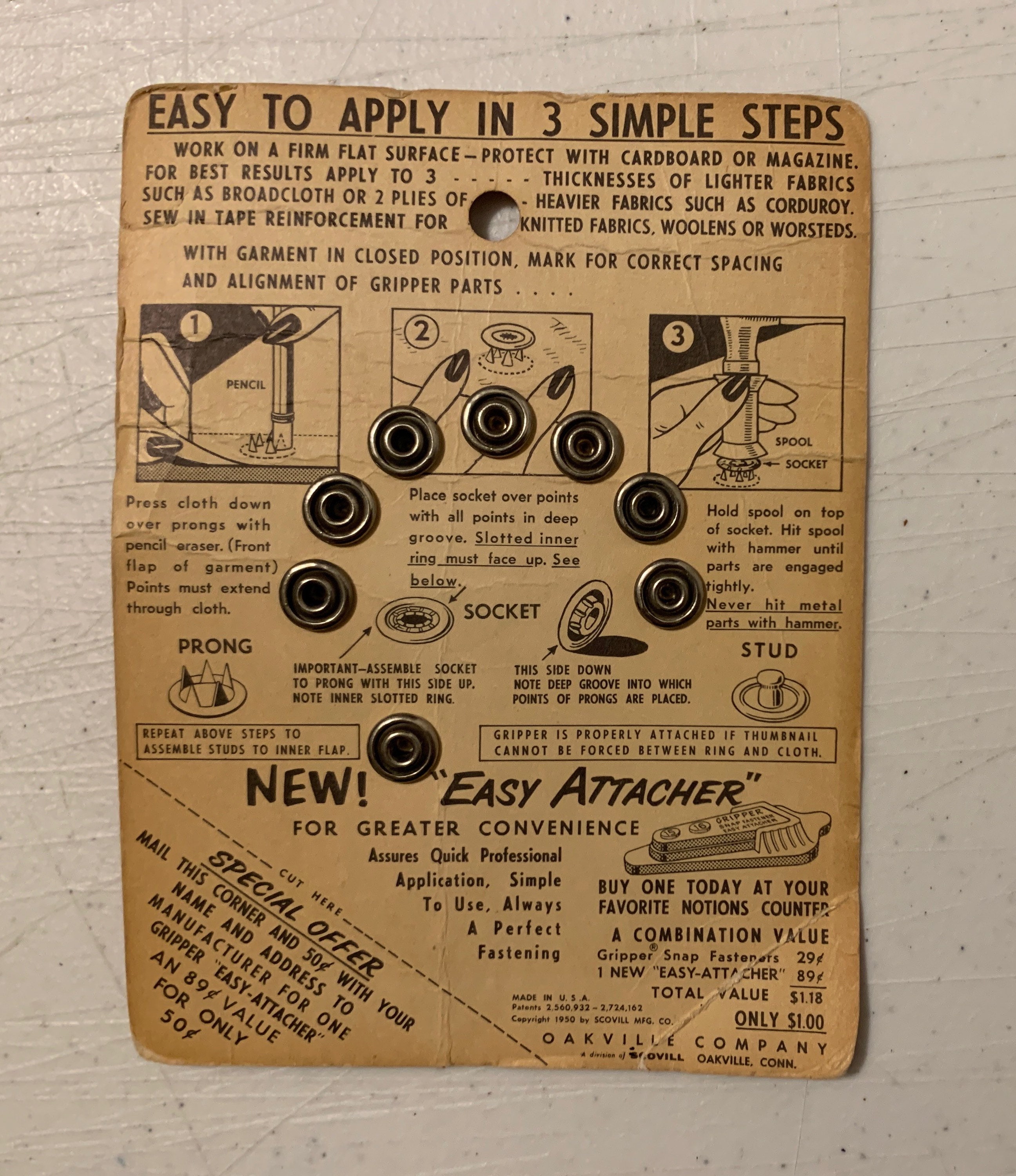 Vintage Card of Gripper Fabric Snap Fastners by Scovill - Etsy