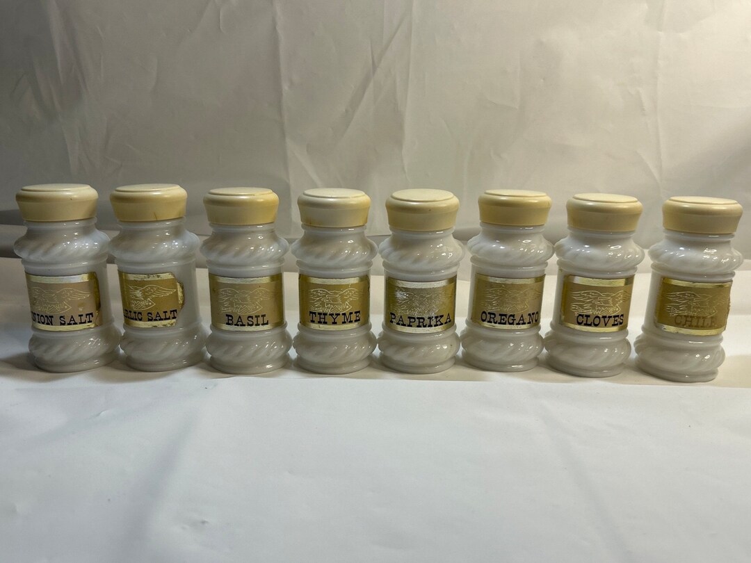 8 Vtg White Milk Glass Spice Jars With Lids Shakers Rope Edge Design ...