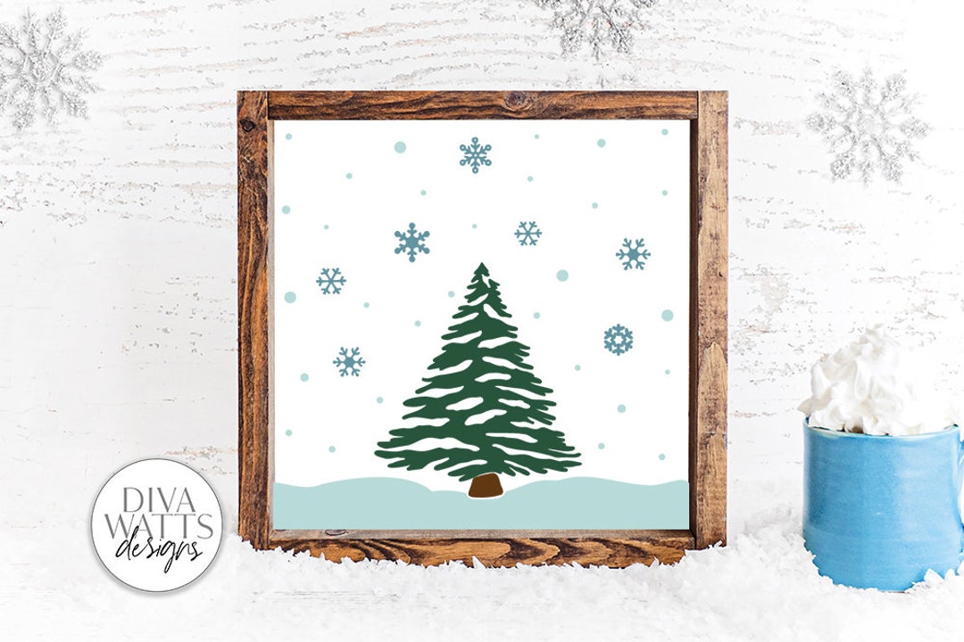 Tree With Falling Snow SVG Christmas / Winter Square Design - Etsy