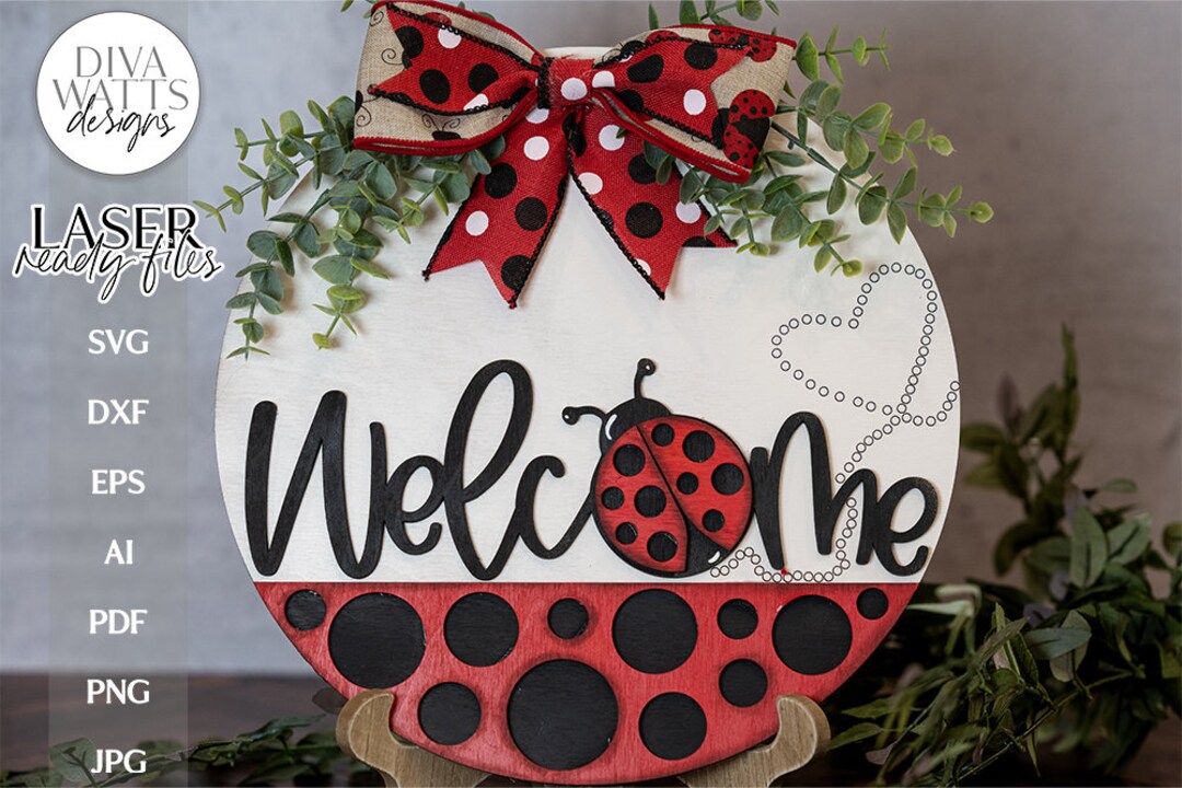 Welcome With Ladybug Glowforge Laser SVG | Door Hanger Design - Etsy