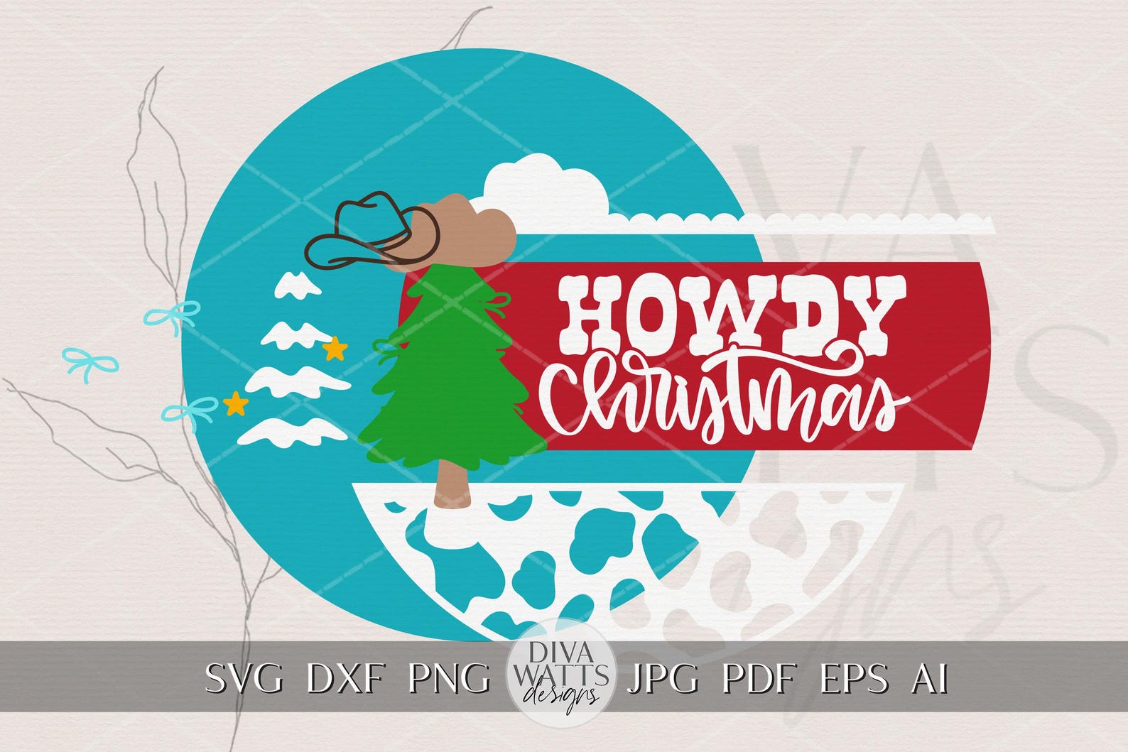 Howdy Christmas Round Door Hanger SVG, Western Cowboy Hat Tree Farm ...