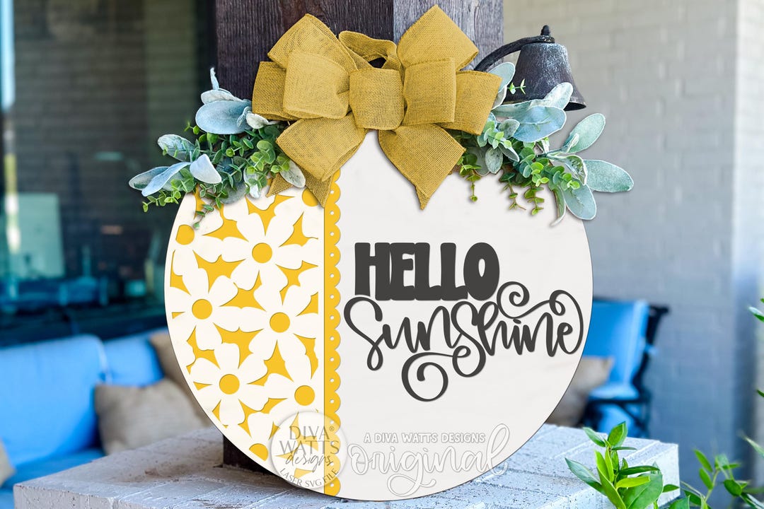 Hello Sunshine Round Door Hanger SVG Laser Cut File, Floral Summer ...