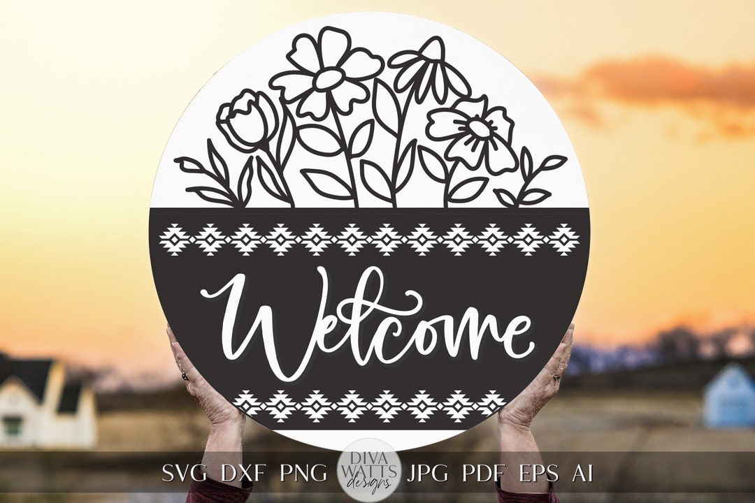 Welcome SVG Flowers SVG Florals Door Hanger Design Geometric Welcome ...